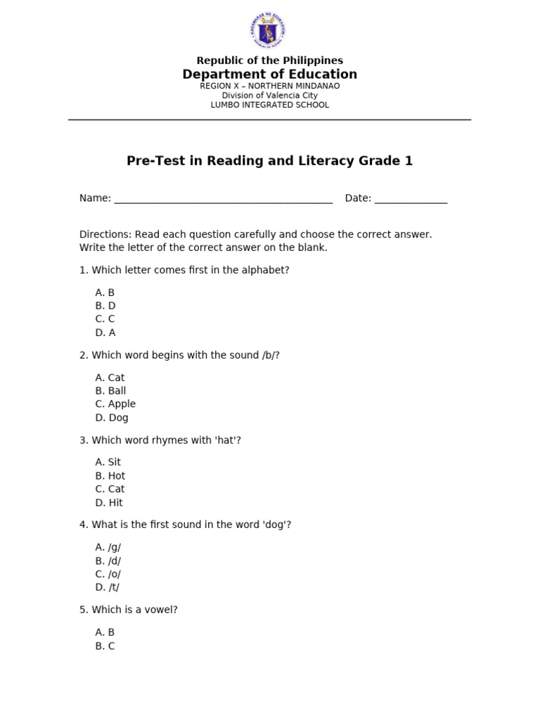 Grade 1 Reading Pre-Test Philippines | PDF | Chess | Chess Theory