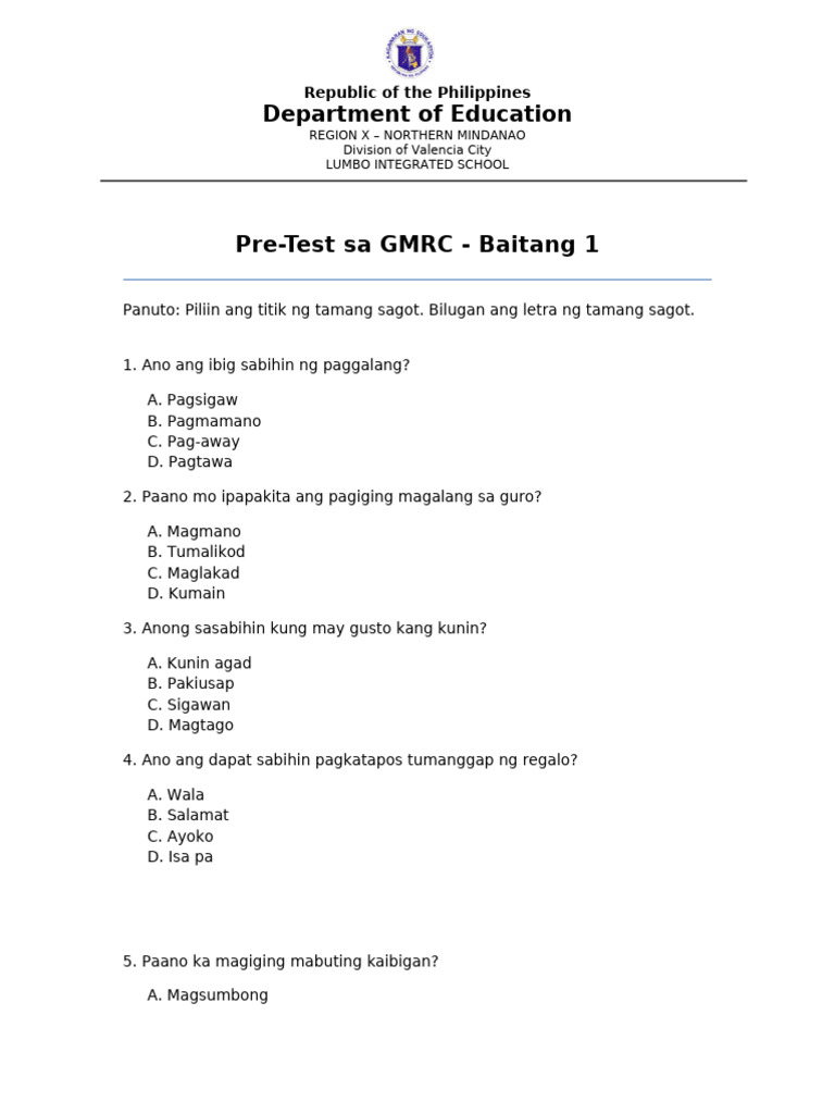 GMRC Grade1 PreTest | PDF