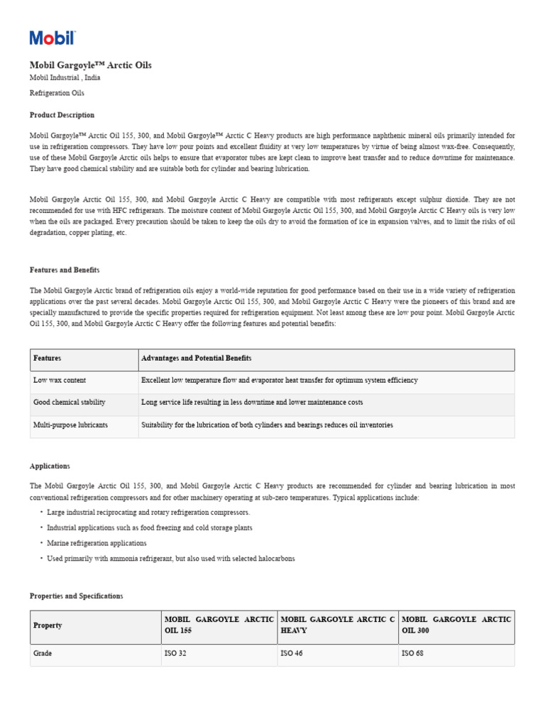 Mobil Gargoyle Arctic Oils Overview | PDF | Refrigeration | Exxon Mobil