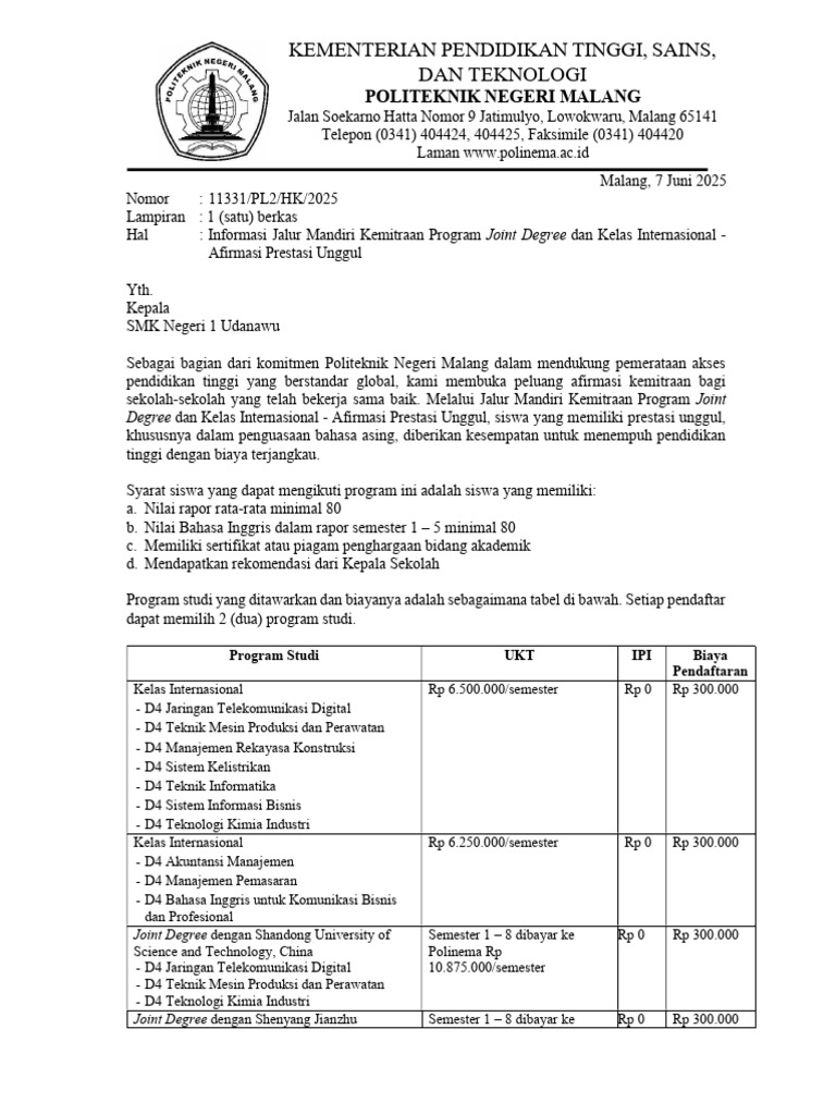 Informasi Jalur Mandiri Kemitraan Program Joint Degree Dan Kelas Internasional - Afirmasi ...