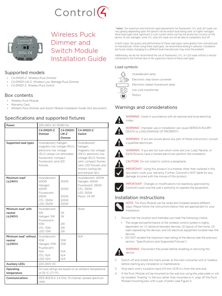 Control4 Wireless Puck Dimmer and Switch Installation Guide | PDF | Compact Fluorescent Lamp ...