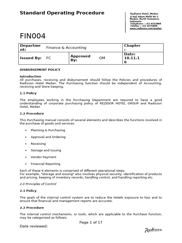 Radisson Medan Disbursement Policy Guide | PDF | Expense | Inventory