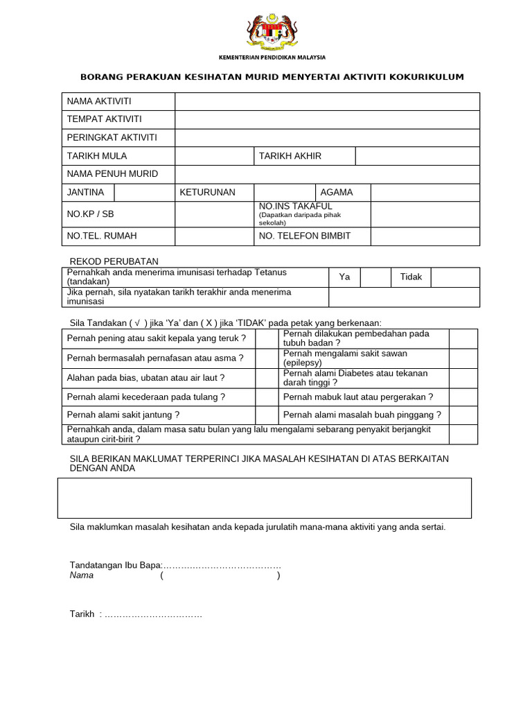Borang Akuan Kesihatan & Kebenaran Murid 2024 | PDF
