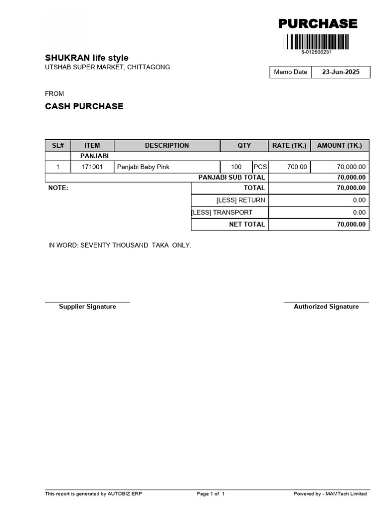 Cash Purchase Invoice for Panjabi | PDF