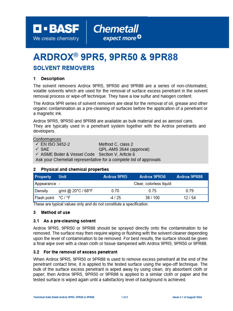 Tds - Ardrox 9pr Solvent Removers | PDF | Ultraviolet | Materials