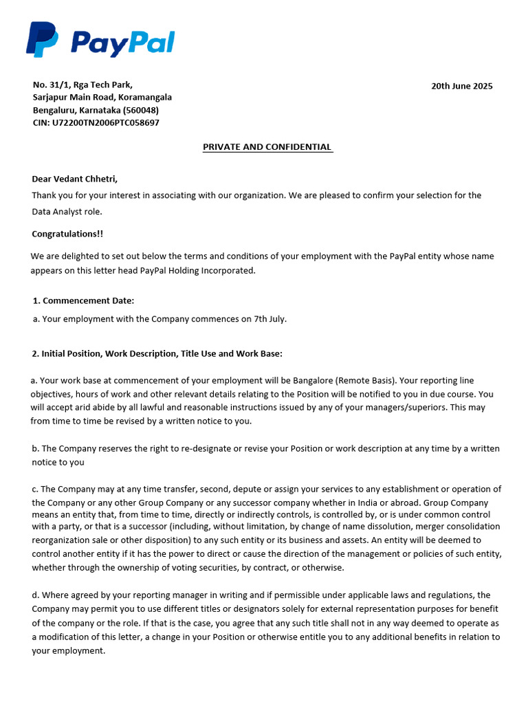 PayPal Data Analyst Offer Letter | PDF | Employment | Taxes
