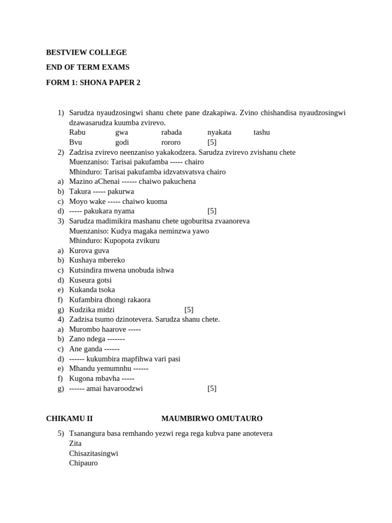 Form 1 Shona Paper 2 | PDF