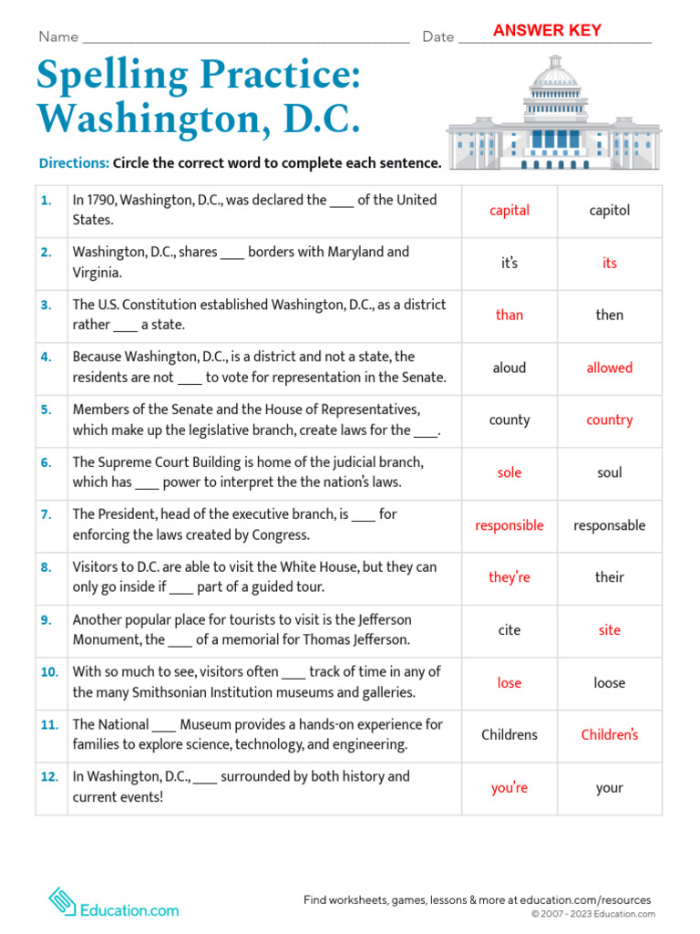 Answer Spelling Practice Washington DC | PDF | Washington | Government