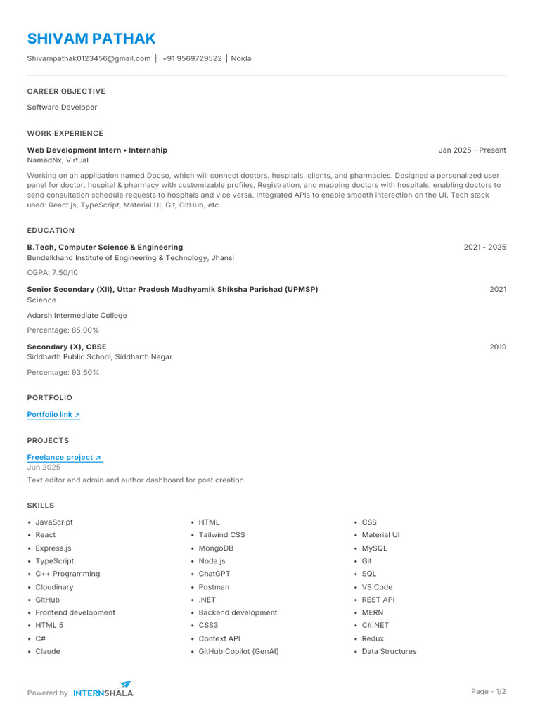 SHIVAMPATHAK InternshalaResume | PDF | Web Development | Computing