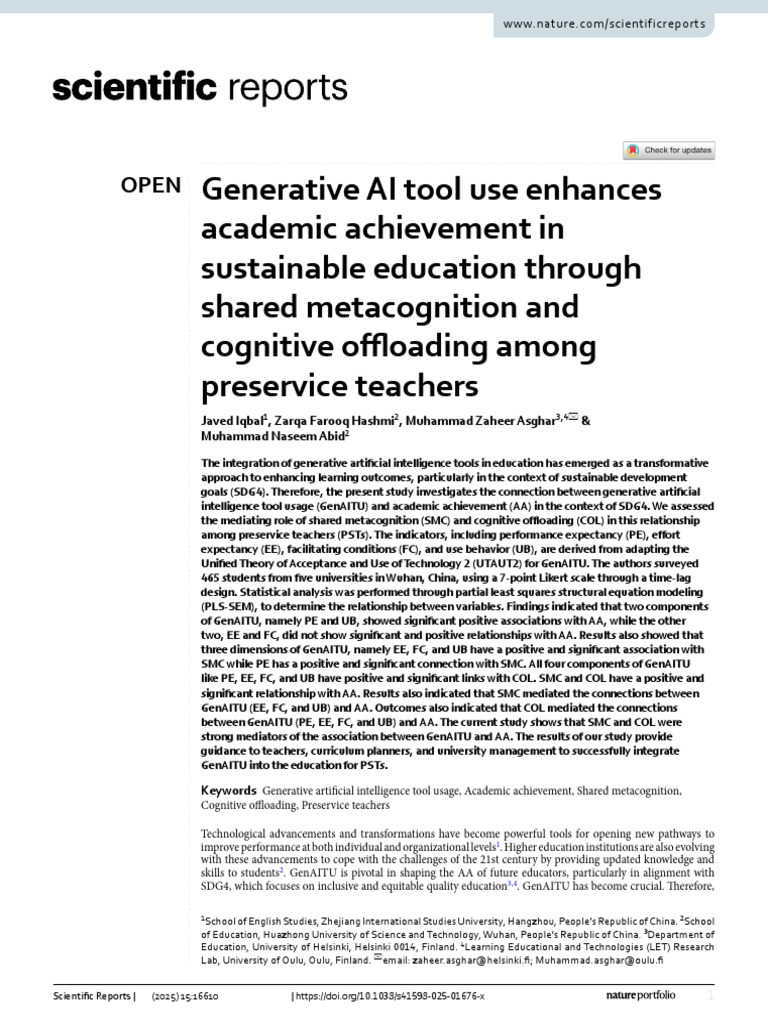 Generative AI Tool Use Enhances Academic Achievement in Sustainable ...