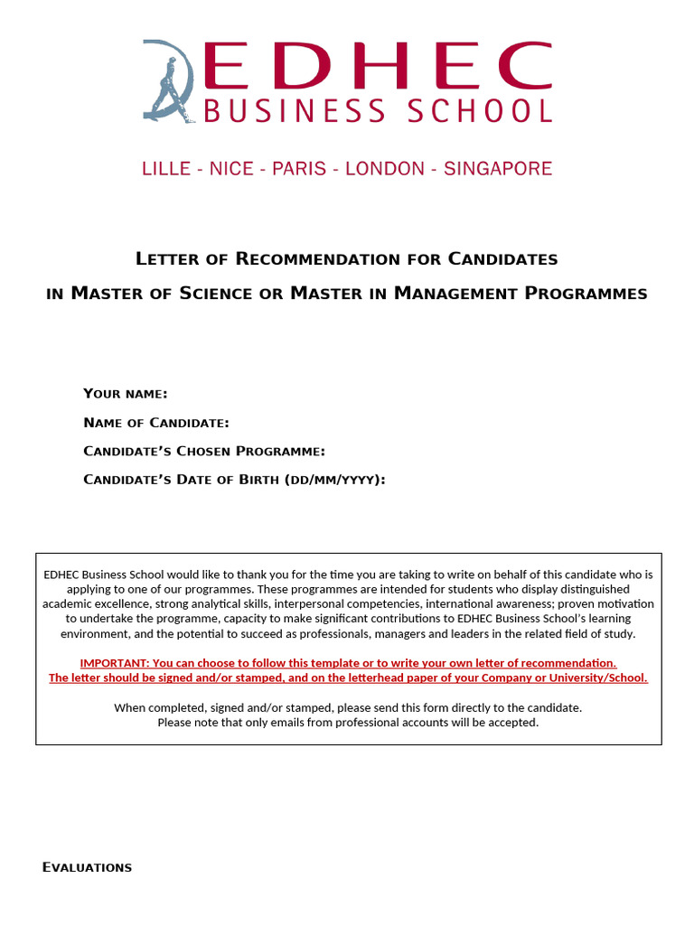 MASTER EDHEC Recommendation Form | PDF | Cognition | Learning