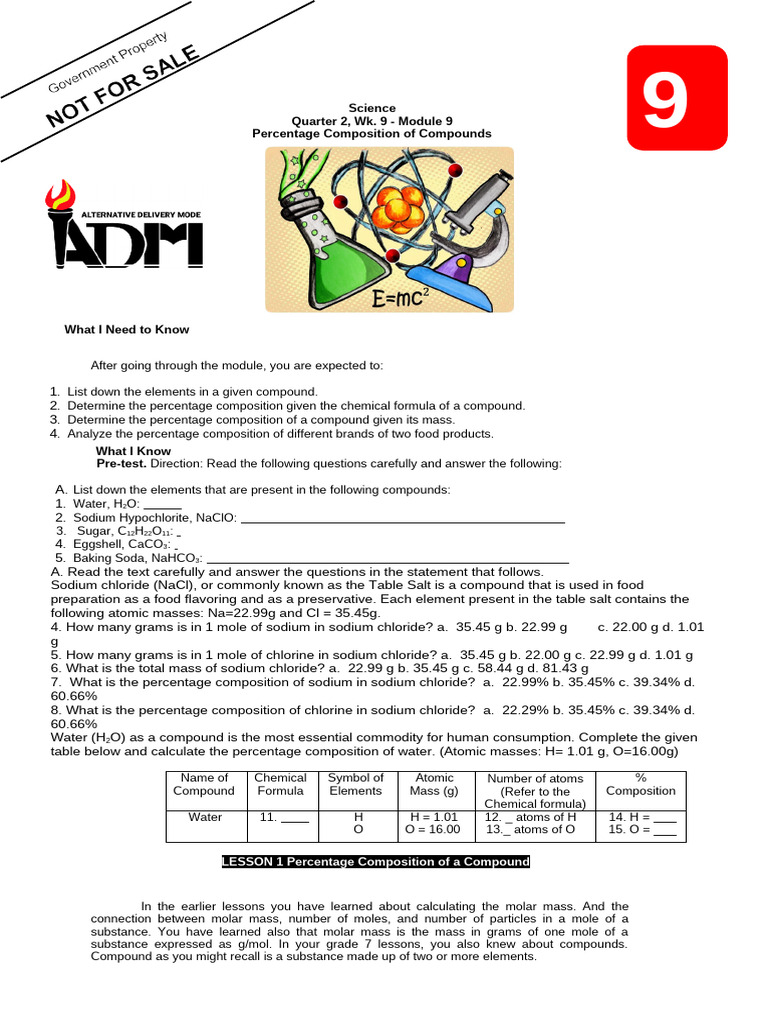 Science9 Q2 Mod9 Percentage Composition of A Compound v3 | PDF | Mole ...