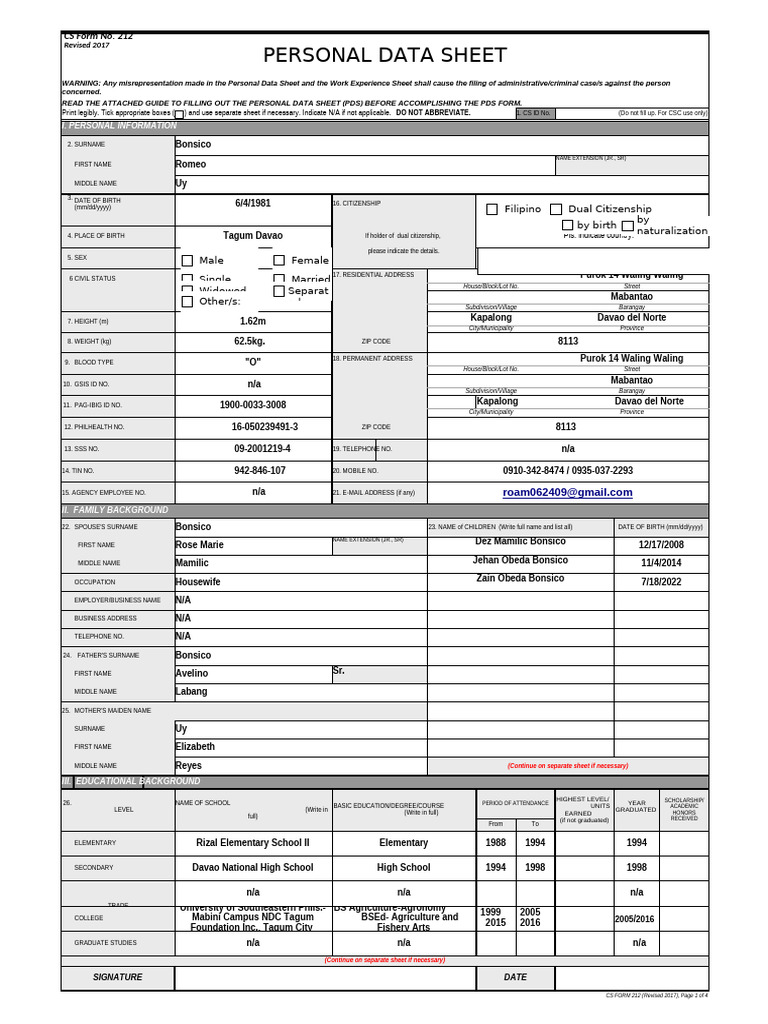 Personal Data Sheet Template | PDF | Government