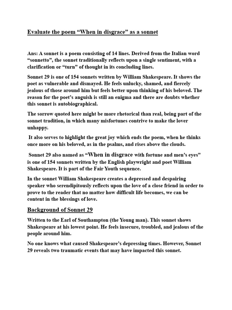 Analysis of Shakespeare's Sonnet 29 | PDF | Stanzaic Form | Composition ...