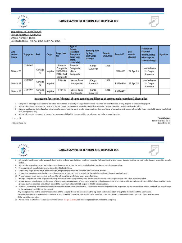 OP - CHEM - 06 Cargo Sample Log Z134007 | PDF | Water Transport | Freight Transport