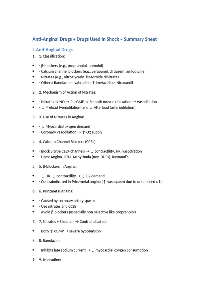 Anti-Anginal and Shock Drugs Summary | PDF