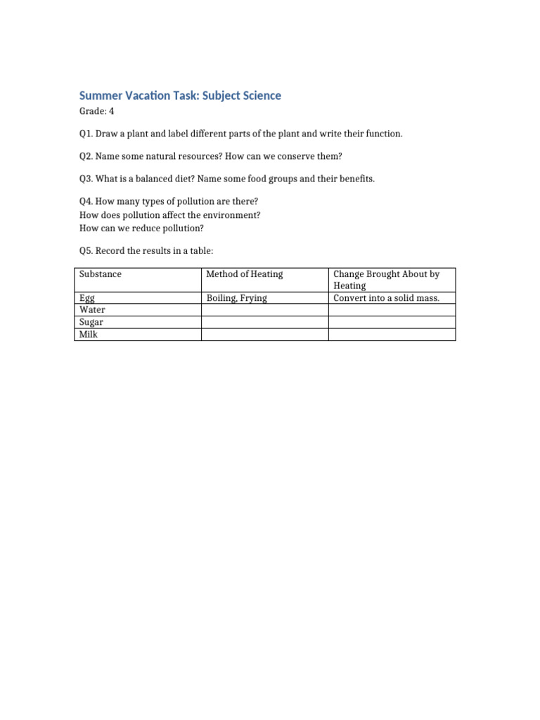 Summer Vacation Task Grade 4 | PDF