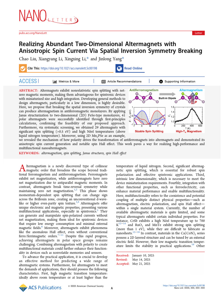 Liu Et Al 2025 Realizing Abundant Two Dimensional Altermagnets With Anisotropic | PDF | Spin ...