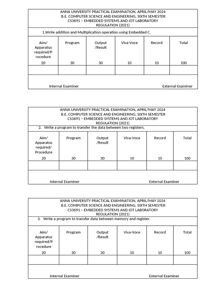 CS3691 Embedded Systems Lab Exam 2024 | PDF | Embedded System | Internet Of Things
