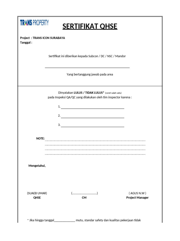 Sertifikat QAQC Format | PDF