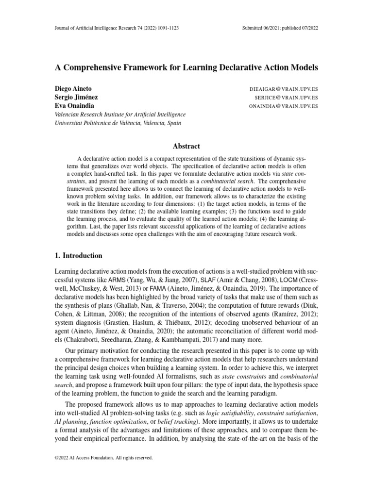 A Comprehensive Framework For Learning Declarative Action Models | PDF | Function (Mathematics ...