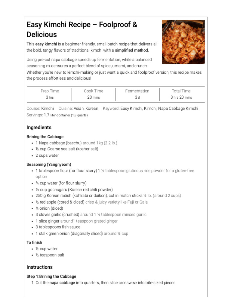 Easy Kimchi Recipe for Beginners | PDF | Korean Cuisine | Food Ingredients