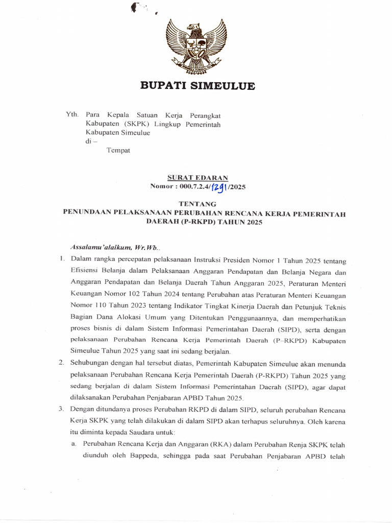 Surat Edaran Penundaan Pelaksanaan Perubahan RKPD Tahun 2025 | PDF