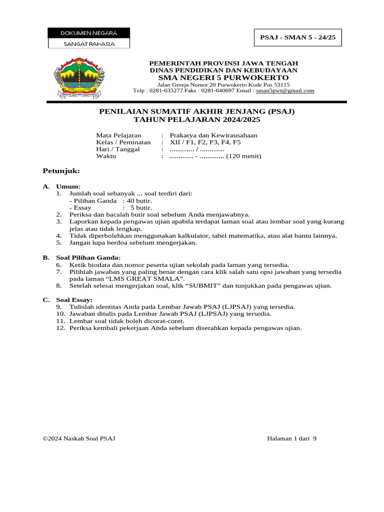 Naskah Soal Pkwu Psaj 2024 | PDF