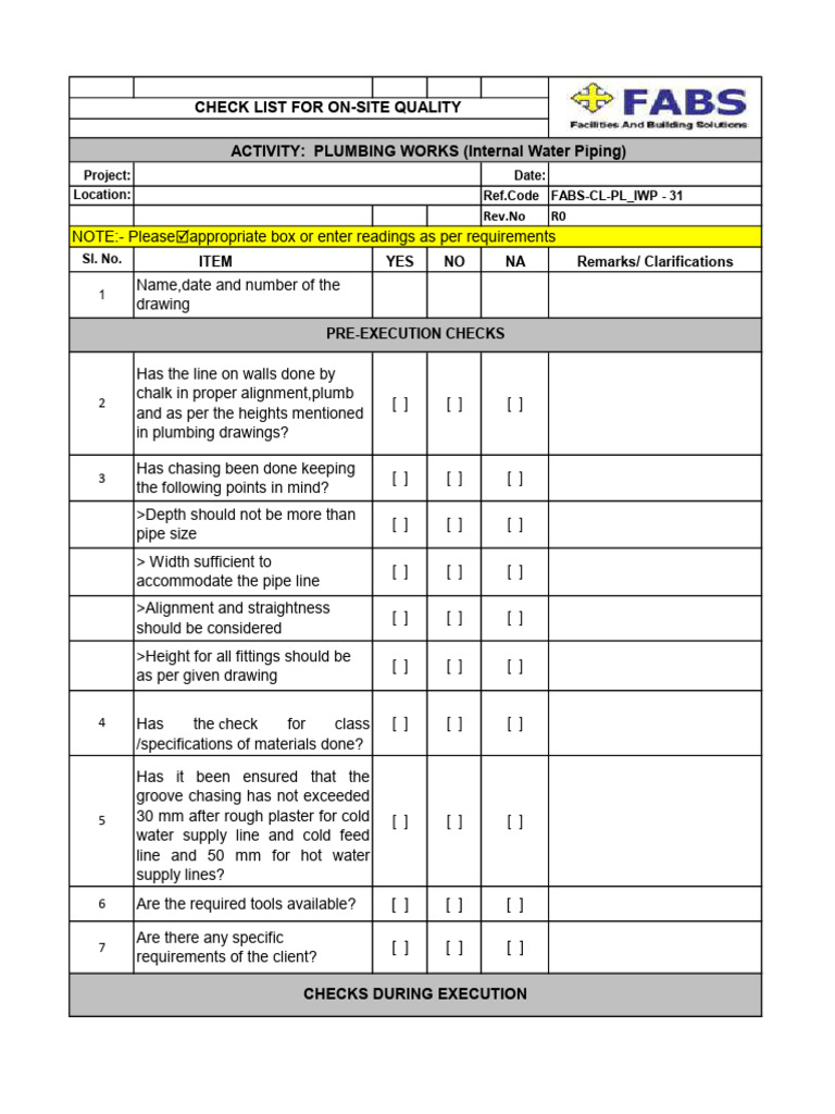 FABS PLUMBING (Internal Water Piping) Checklist | PDF | Pipe (Fluid ...