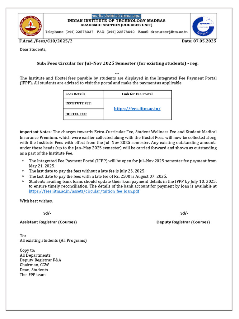 IIT Madras Fees Circular for 2025 Semester | PDF | Fee | Master's Degree