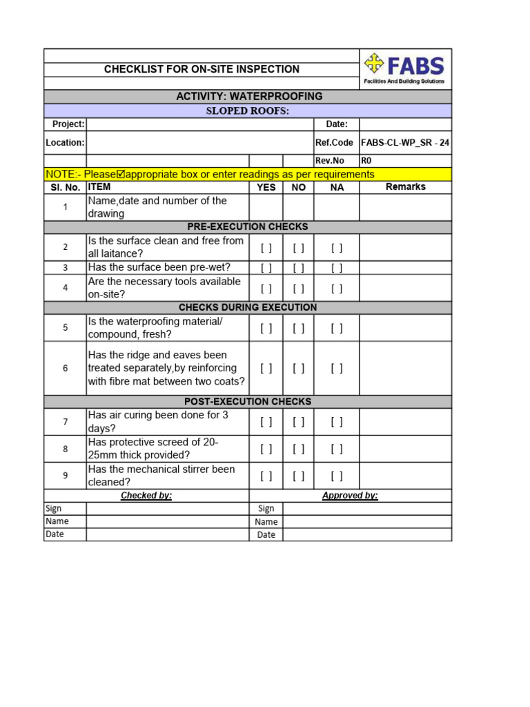 Fabs Sloped Roof Waterproofing Checklist | PDF