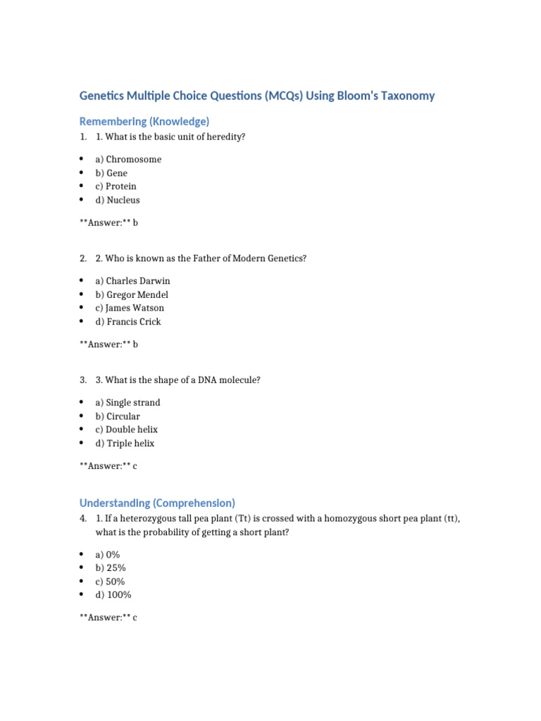 Genetics MCQ Blooms Taxonomy | PDF