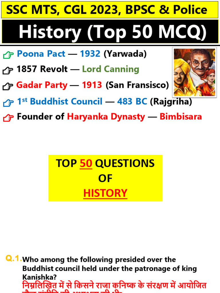 Top 50 History MCQs for Exams | PDF