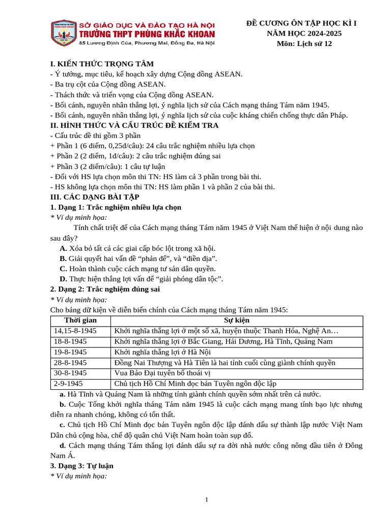 LS12 - Đề Cương Ôn Tập - KT HK1 | PDF