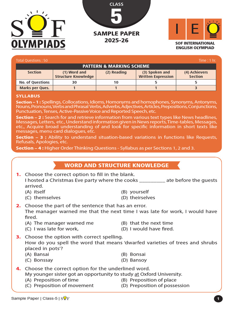 Ieo Sample Paper Class-5 2025-26 | PDF | Verb | English Language