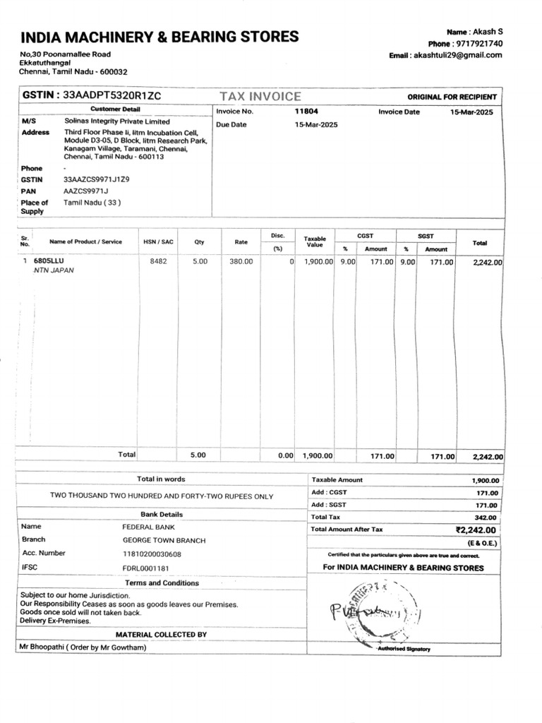 India Machinery Bearing - Invoice No.11804 - 24.06.2025 | PDF ...
