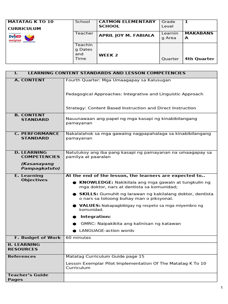 Grade 3 Makabansa Lesson Plan | PDF | Learning | Curriculum