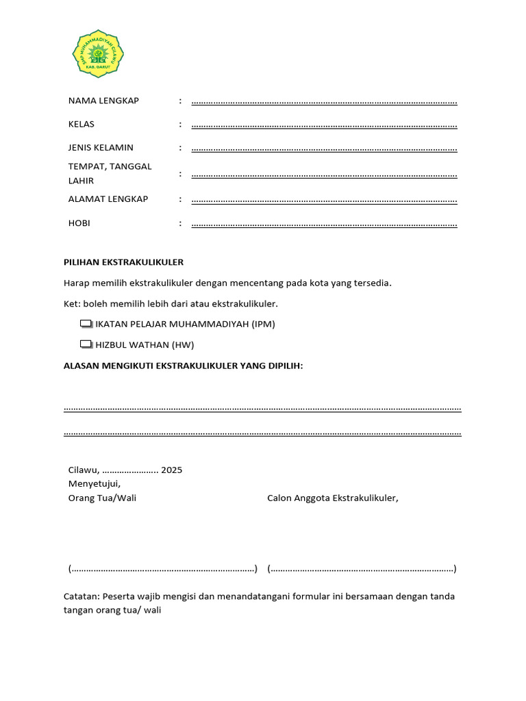 Formulir Pendaftaran Eskul SMP | PDF