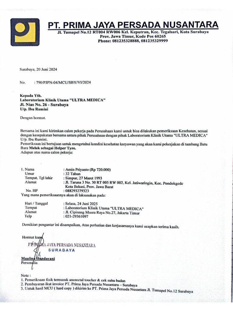 Mcu Lab Um Jakarta An. Amin Priyanto (24 Juni 2025) | PDF