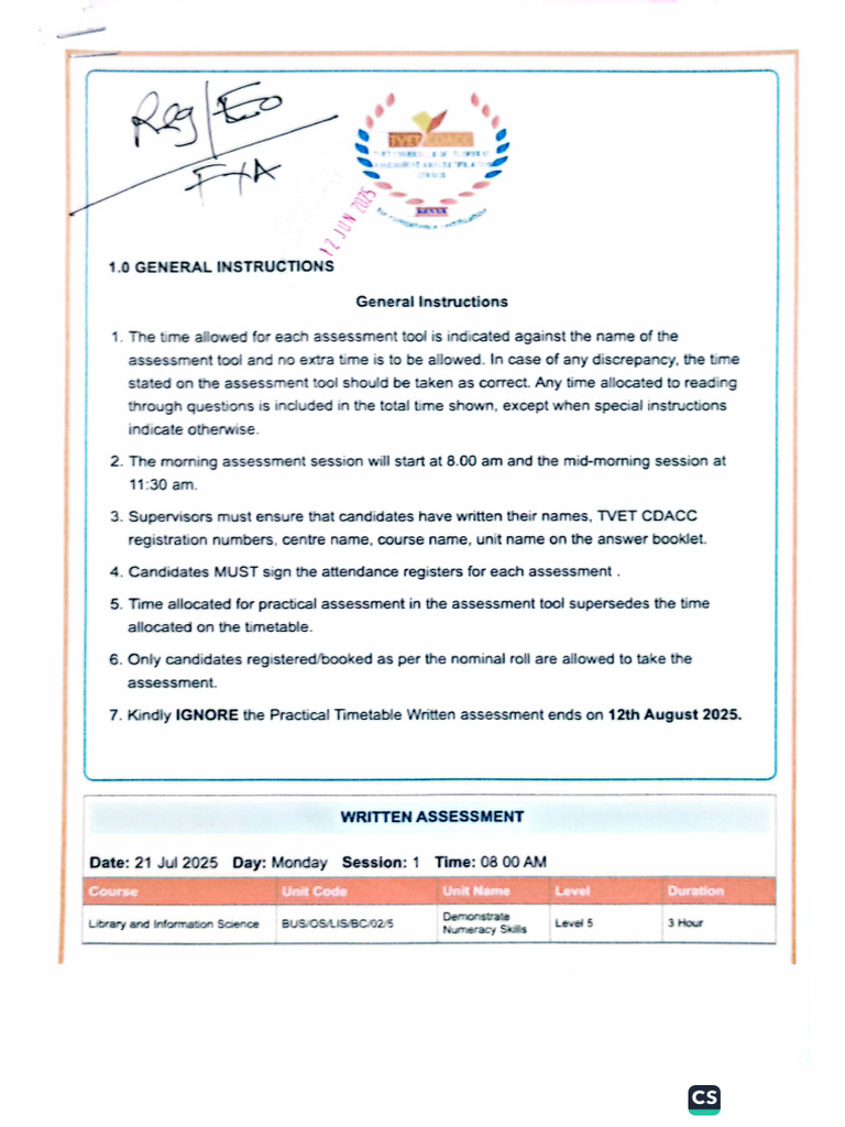 Kericho Cdacc July-August 2025 Written Assessment Timetable | PDF