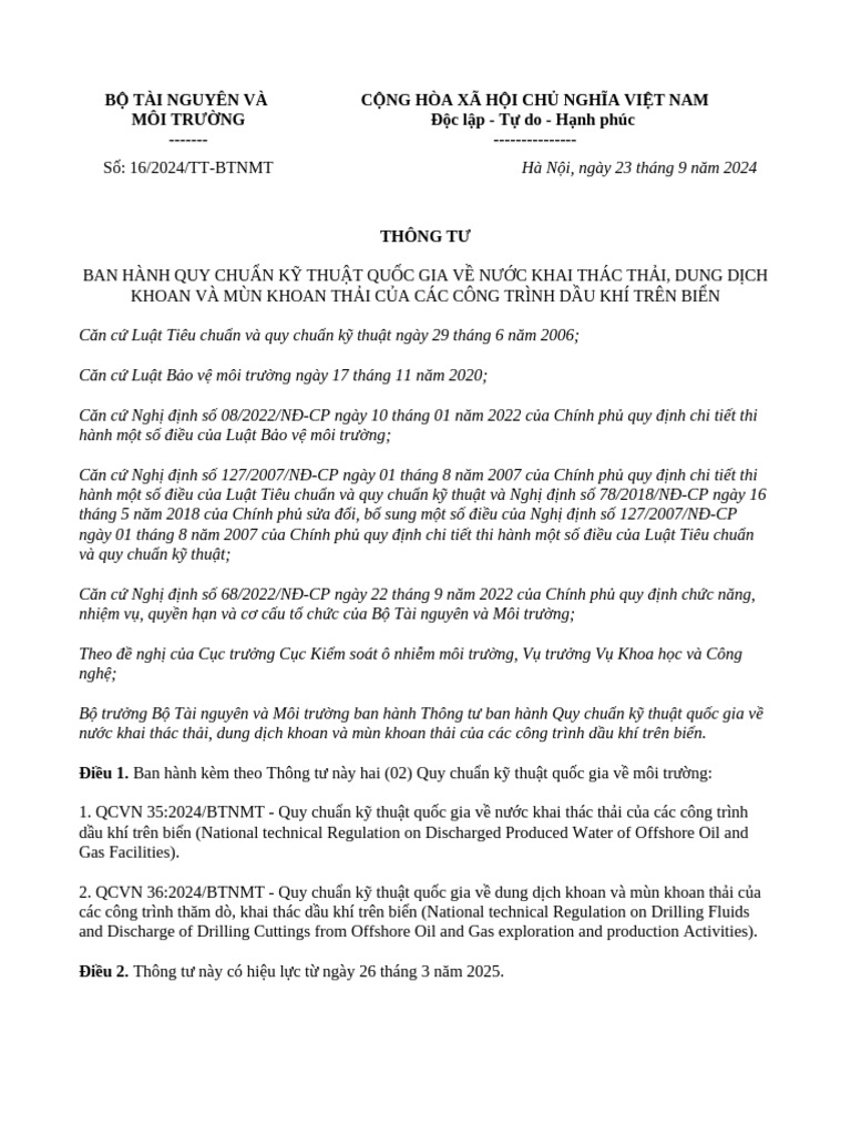 16 - 2024 - tt-Btnmt - ban Hanh Qcvn Về Nước Khai Thác Thải, Dung Dịch Khoan Và Mùn Khoan Thải | PDF