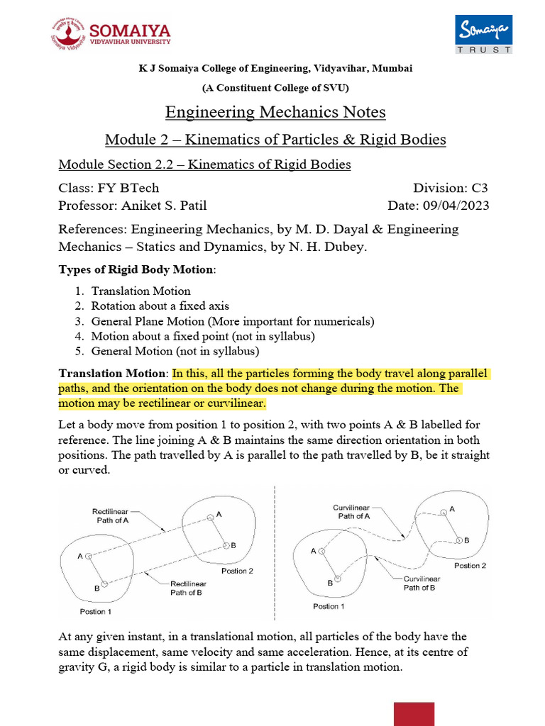 EM Notes - M2.2 (Kinematics of Rigid Bodies) | PDF | Rotation Around A ...