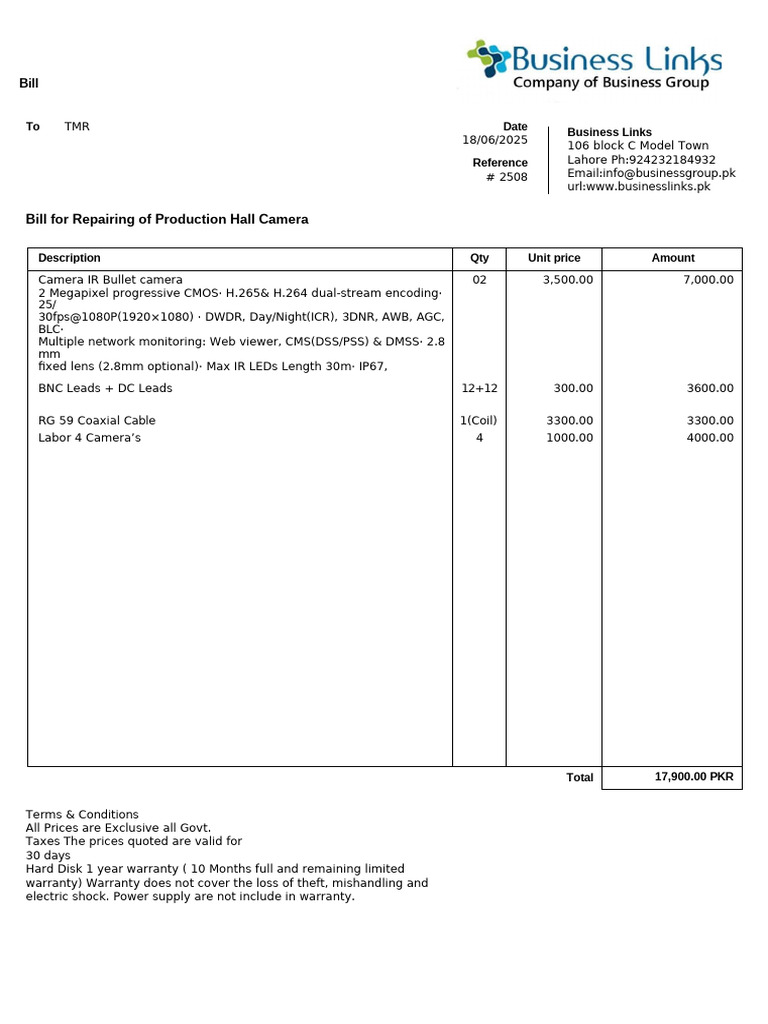 Bakery CCTV Bill | PDF