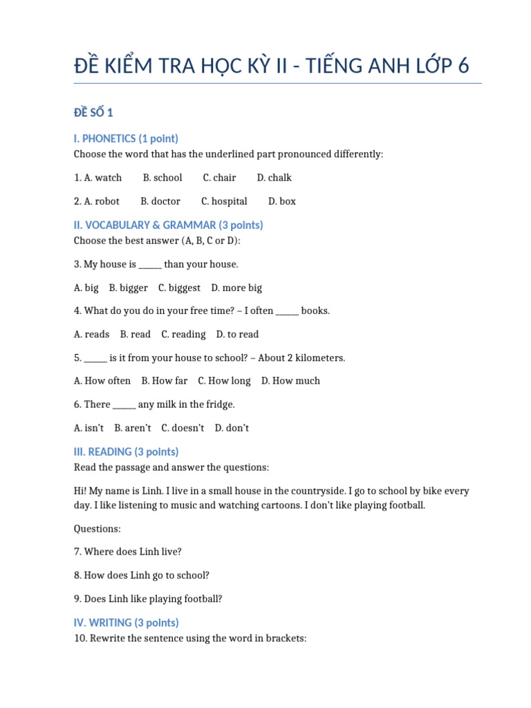 De Kiem Tra Tieng Anh Lop 6 HK2 | PDF | Chess Openings | Chess