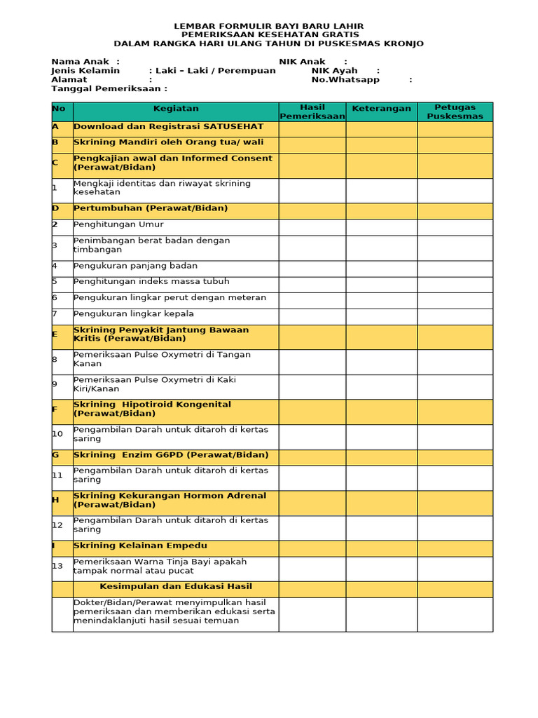 Lembar Formulir Bayi Baru Lahir CKG | PDF
