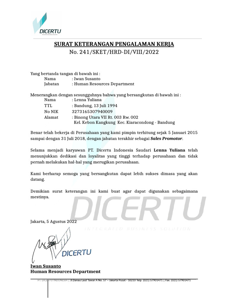 Surat Paklaring Lenna Yuliana1 | PDF