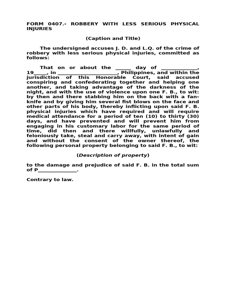 Form 0407 Robbery With Less Serious Physical Injuries | PDF