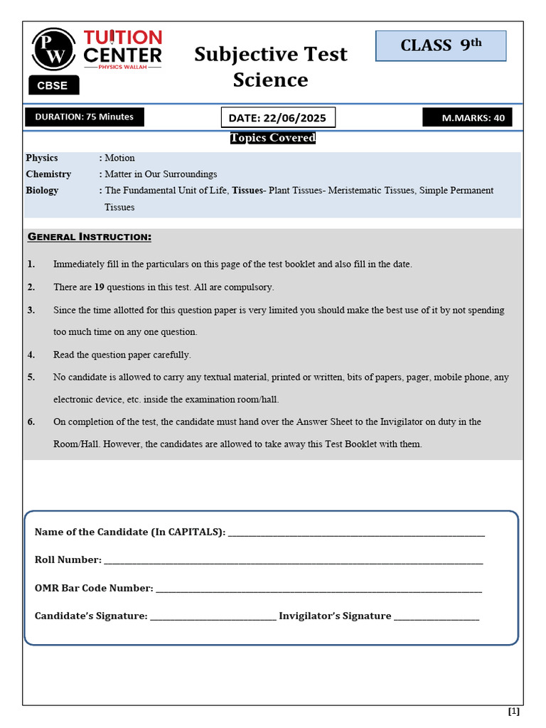 TC Science Subjective Test CBSE Class 9th Question | PDF | Acceleration ...