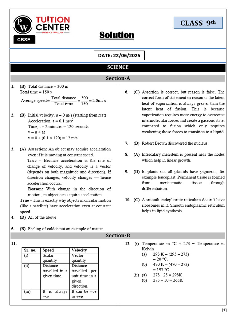 Science Solutions Class 9th | PDF | Tissue (Biology) | Biology