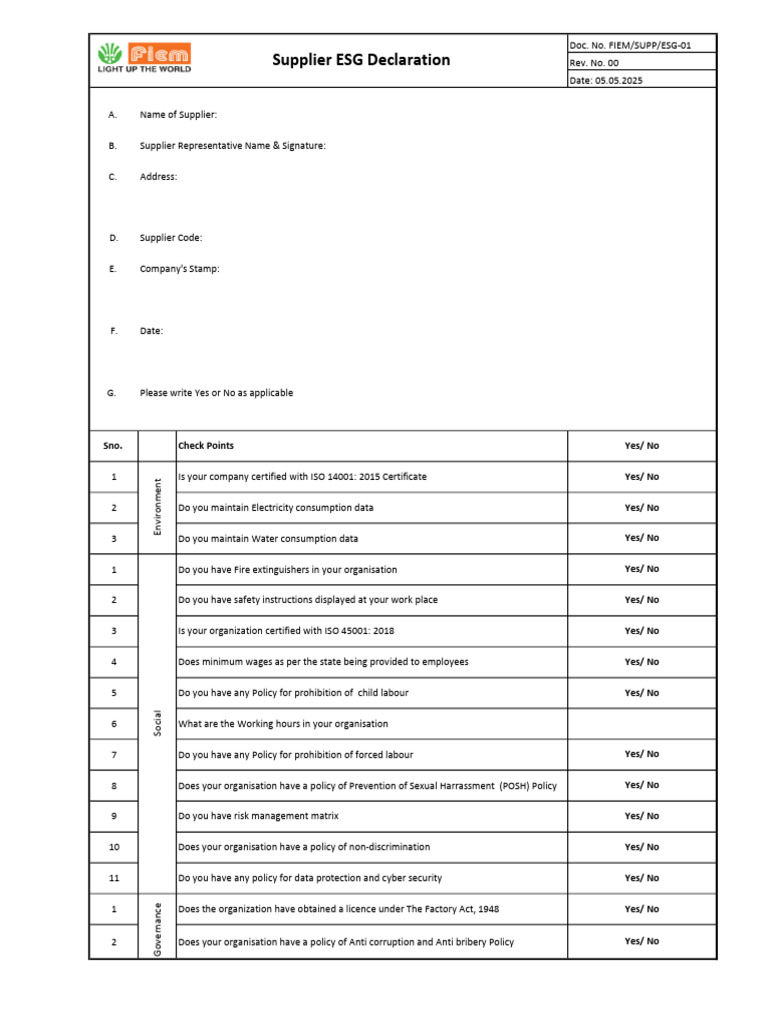 Esg Suppler Declaration 5.5.2025 | PDF | Labor | Labor Relations